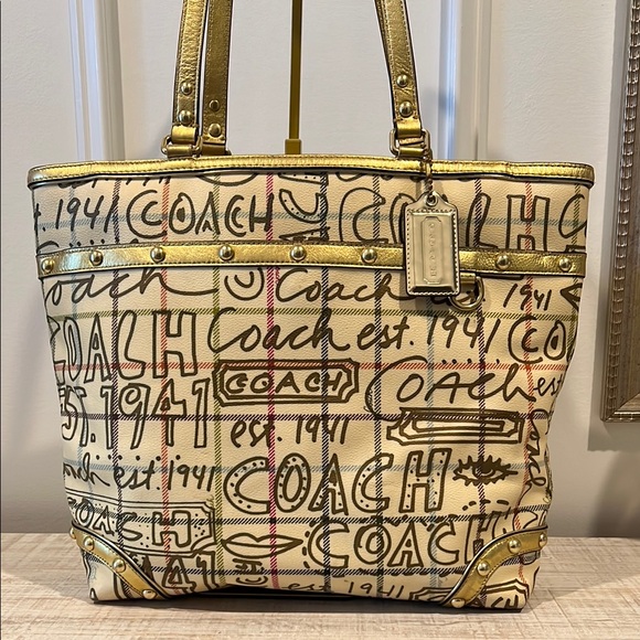 Coach | Bags | Coach Heritage Gold Graffiti Tattersall Leather Shoulder ...